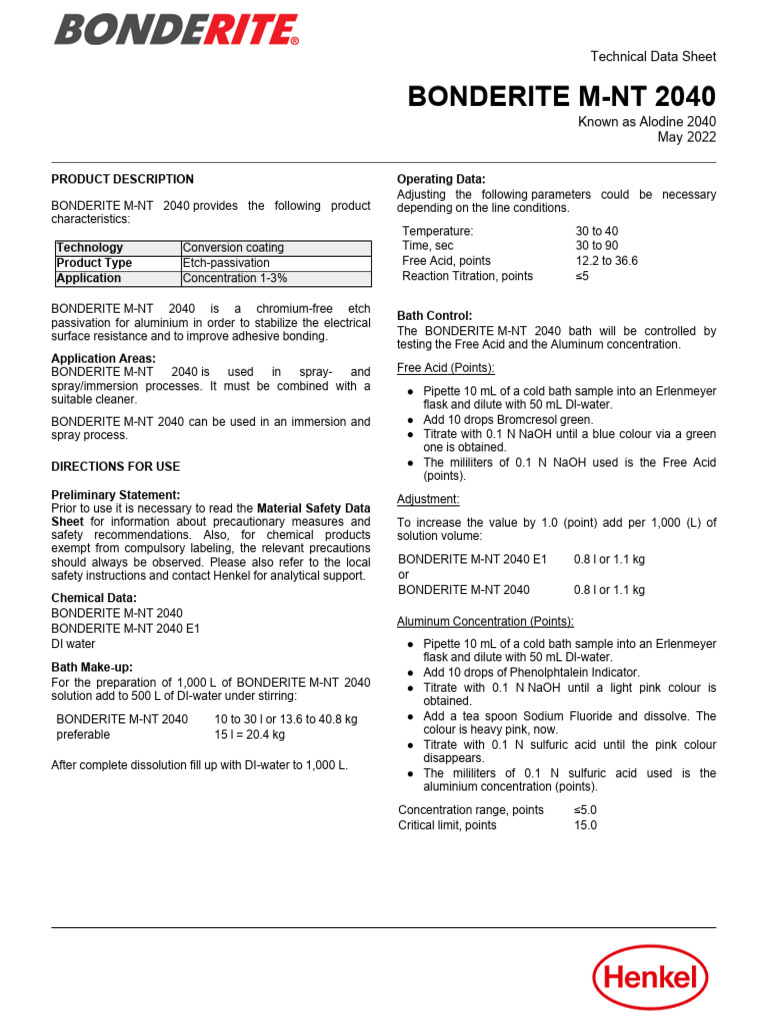 BONDERITE M NT 2040 铝合金酸洗钝化二合一英文说明书 | PDF | Sodium Hydroxide | Trademark