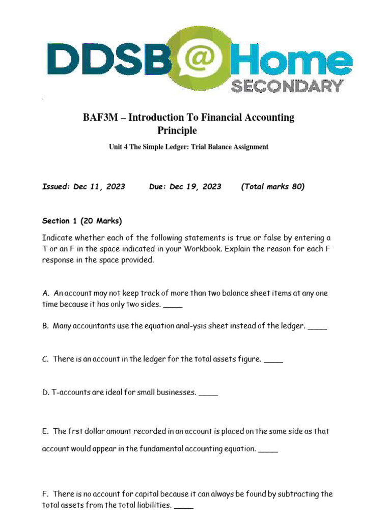 BAF3M - Uint 4 Trial Balance 2023 | PDF | Debits And Credits ...