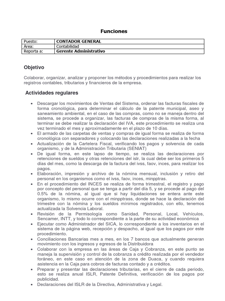 Funciones del Contador General en Empresas | PDF | Contabilidad ...