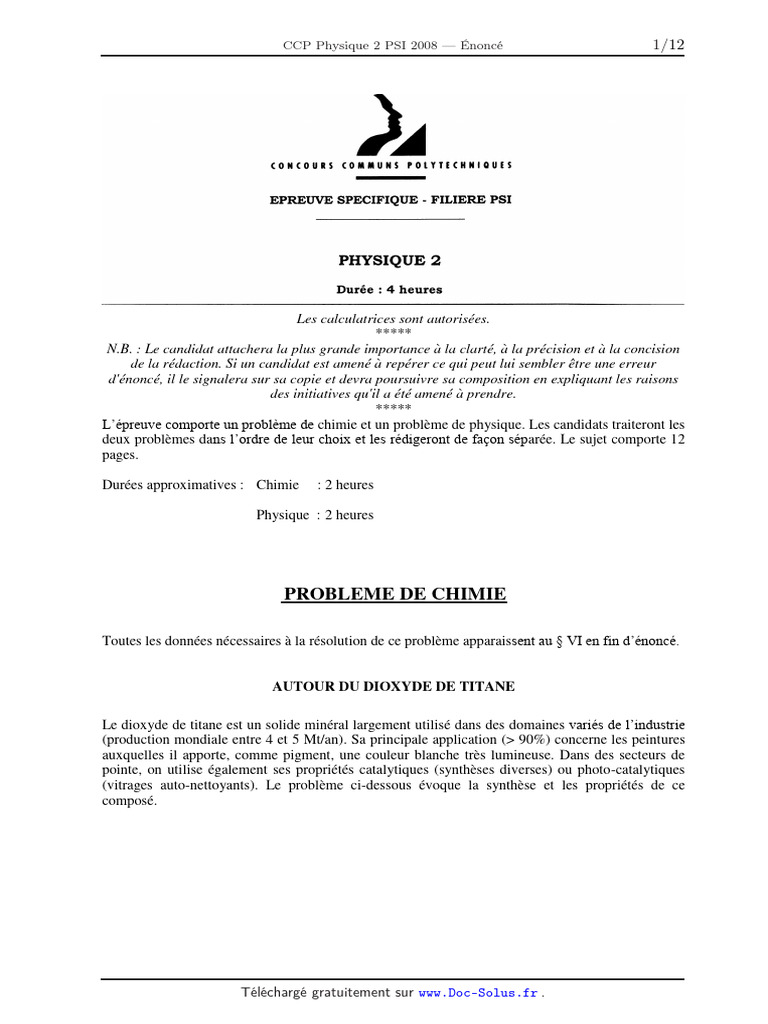 PSI PHYSIQUE CCP 2 2008.enonce | PDF | Métaux | Titane