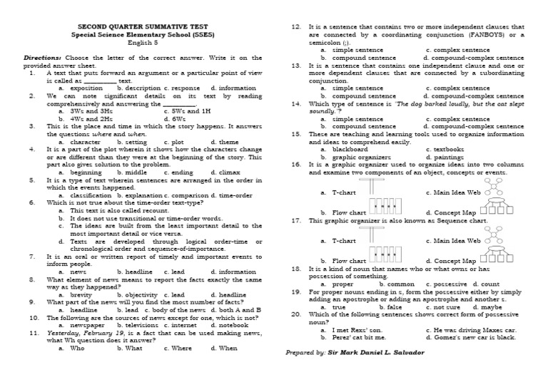 Summative Test English 5 SSES | PDF | Linguistics | Grammar
