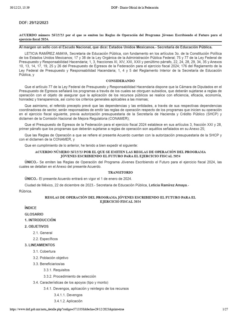 Reglas de Operacio N Del Programa Jo Venes Escribiendo El Futuro para El Ejercicio Fiscal 2024 ...