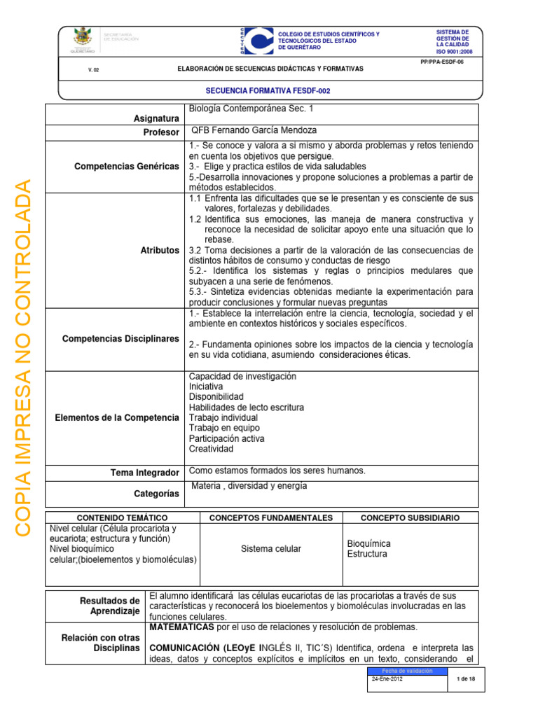 Elaboración de Secuencias Didácticas y Formativas Secuencia Formativa ...