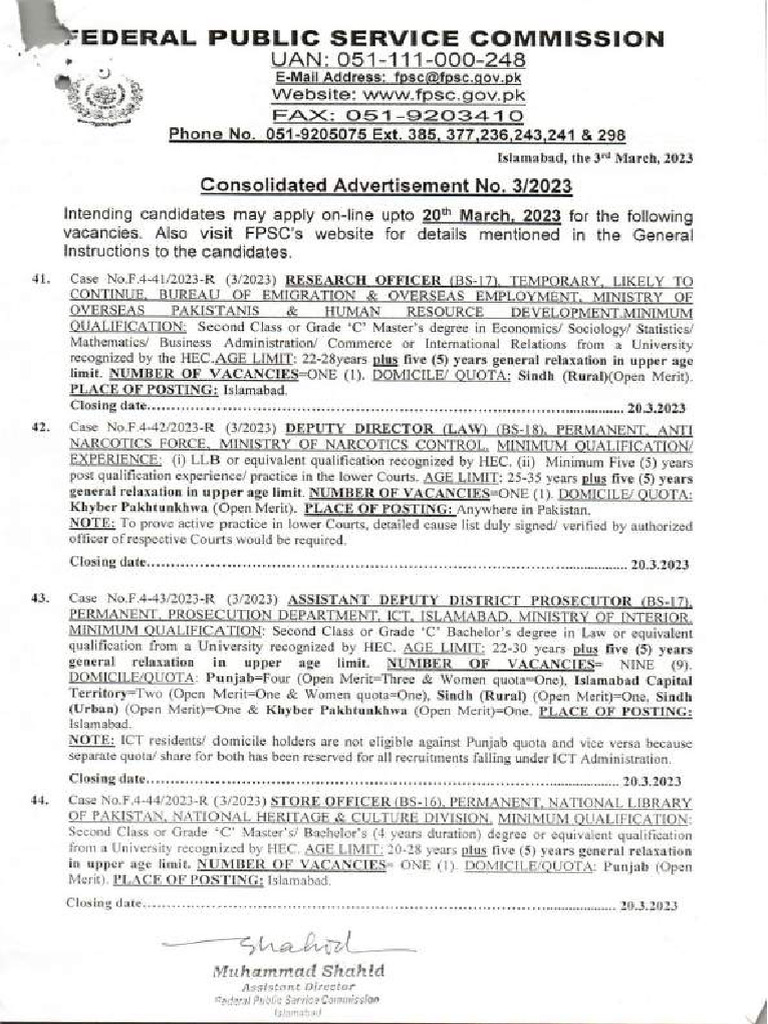 Federal Public Service Commission Ad No. 03 of 2023 | PDF