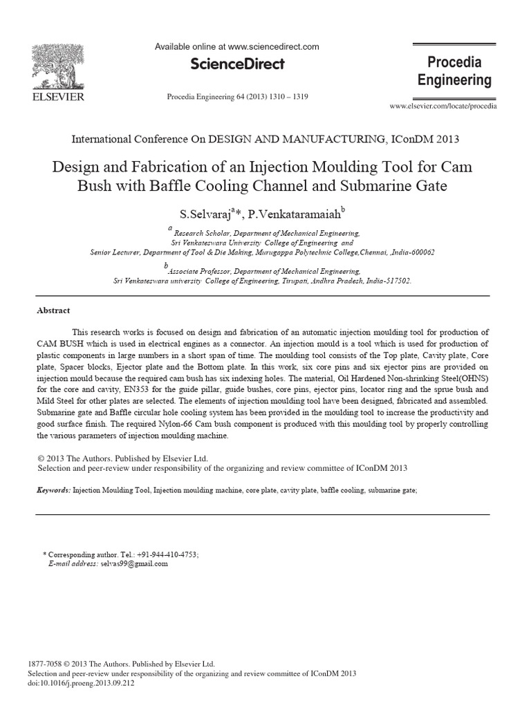 Design and Fabrication of An Injection Moulding Tool For Cam Bush With ...