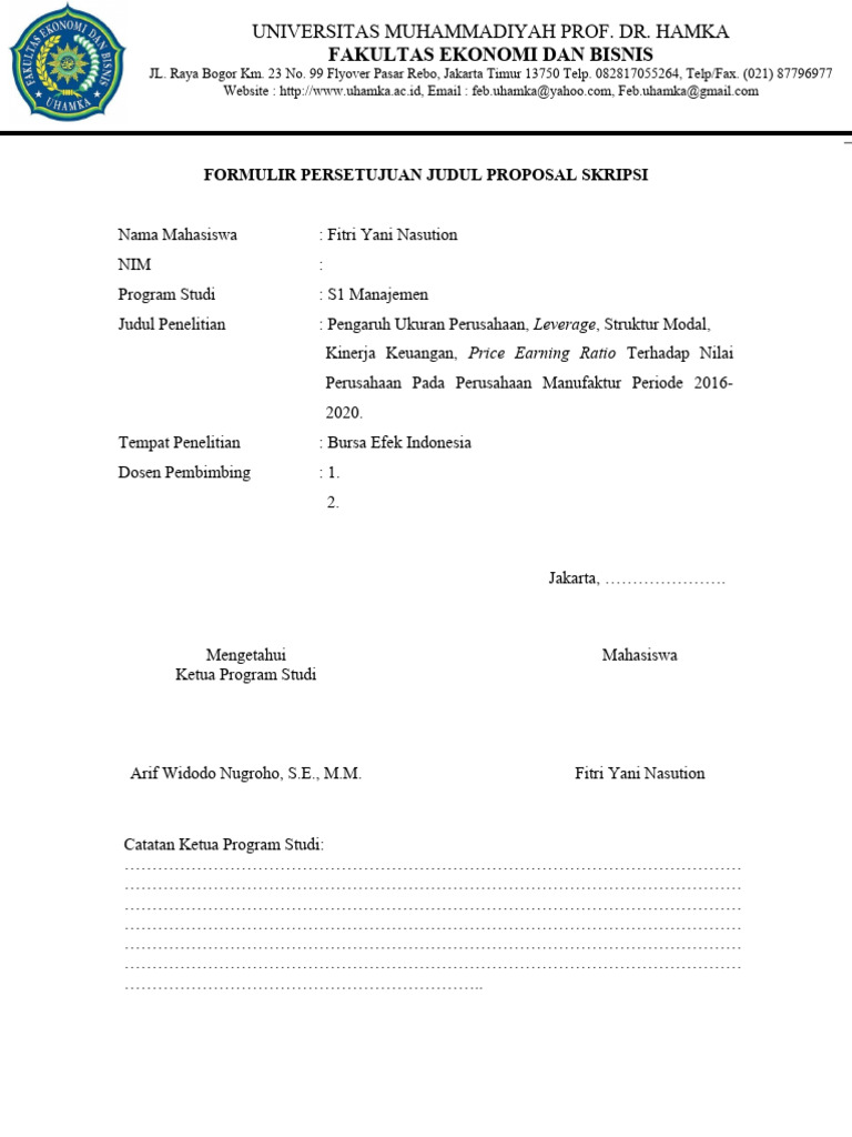 Formulir Persetujuan Judul Proposal Skripsi - Fitriyani Nasution 2 | PDF