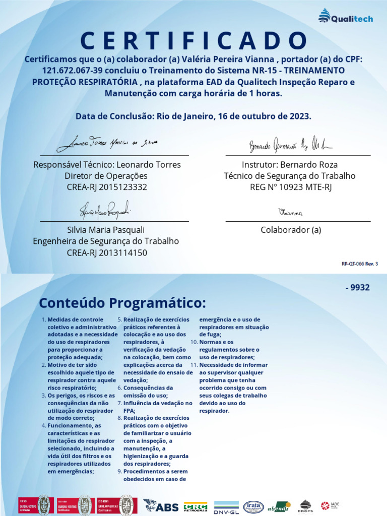 Certificado - NR-15 - TREINAMENTO PROTECAO RESPIRATORIA | PDF