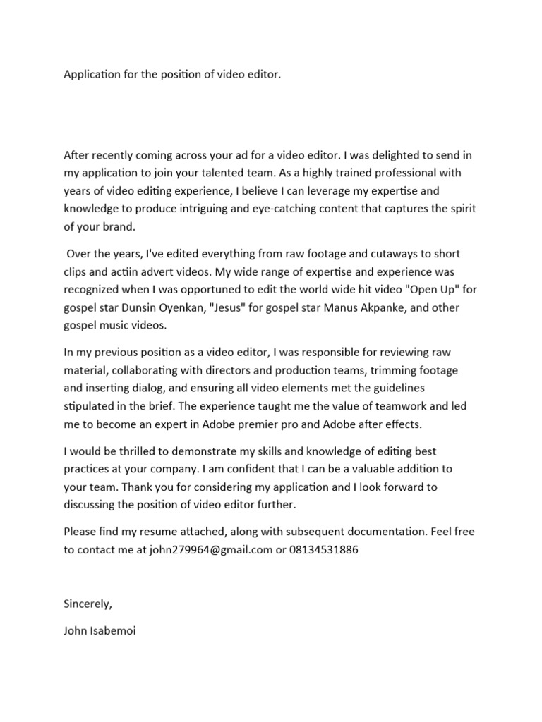 Video Editor Covet Letter | PDF