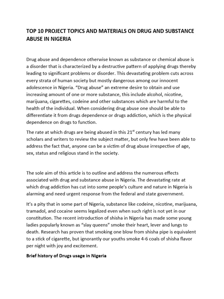 Drug Abuse Project Topics in Nigeria | PDF | Cigarette | Tobacco Smoking