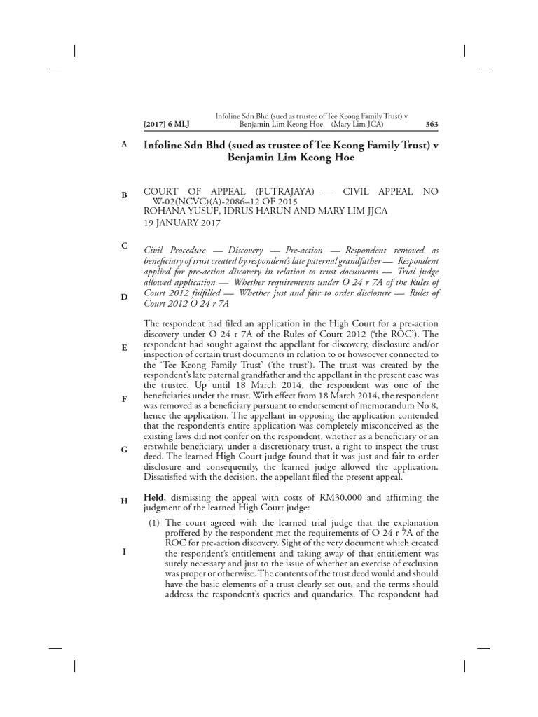 Infoline SDN BHD (Sued As Trustee of Tee Keong Family Trust) V Benjamin ...