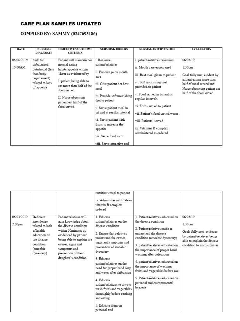 Care Plan Samples Updated: COMPILED BY: SAMMY (0247693186) | PDF ...