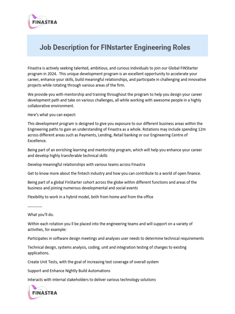 JD FINstarter Engineering Roles. | PDF | Java Script | Engineering JD FINstarter Engineering Roles. | PDF | Java Script | Engineering