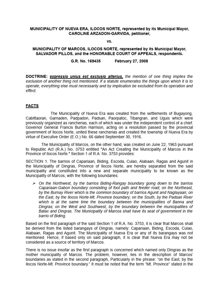 Chapter 4. 8. Municipality of Nueva Era vs. Municipality of Marcos ...