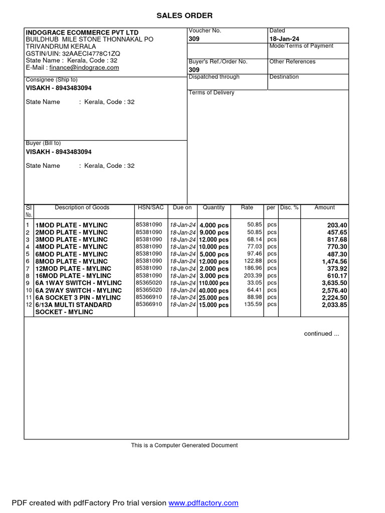 Sales Order: PDF Created With Pdffactory Pro Trial Version | PDF | Manufactured Goods