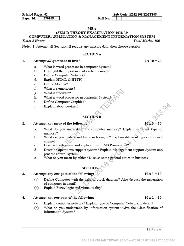Computer Application & Management - KMB 108 | PDF | Computing ...