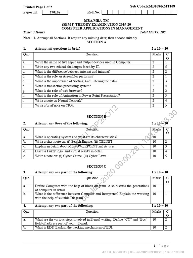 MBA Computer Applications Exam Paper | PDF | Artificial Intelligence ...