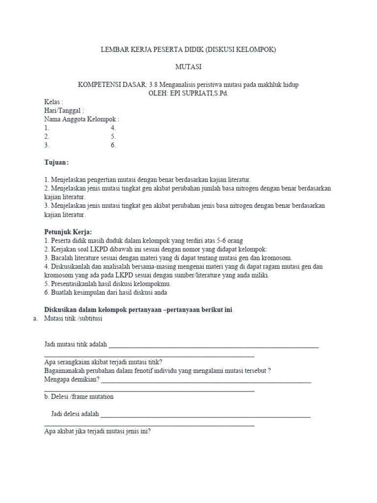 LKPD 1. Pengertian Dan Macam-Macam Mutasi | PDF