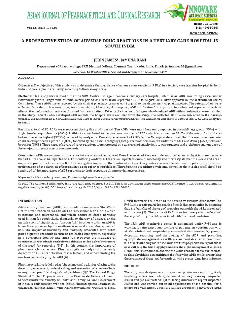 A Prospective Study of Adverse Drug Reac | PDF | Pharmacovigilance ...