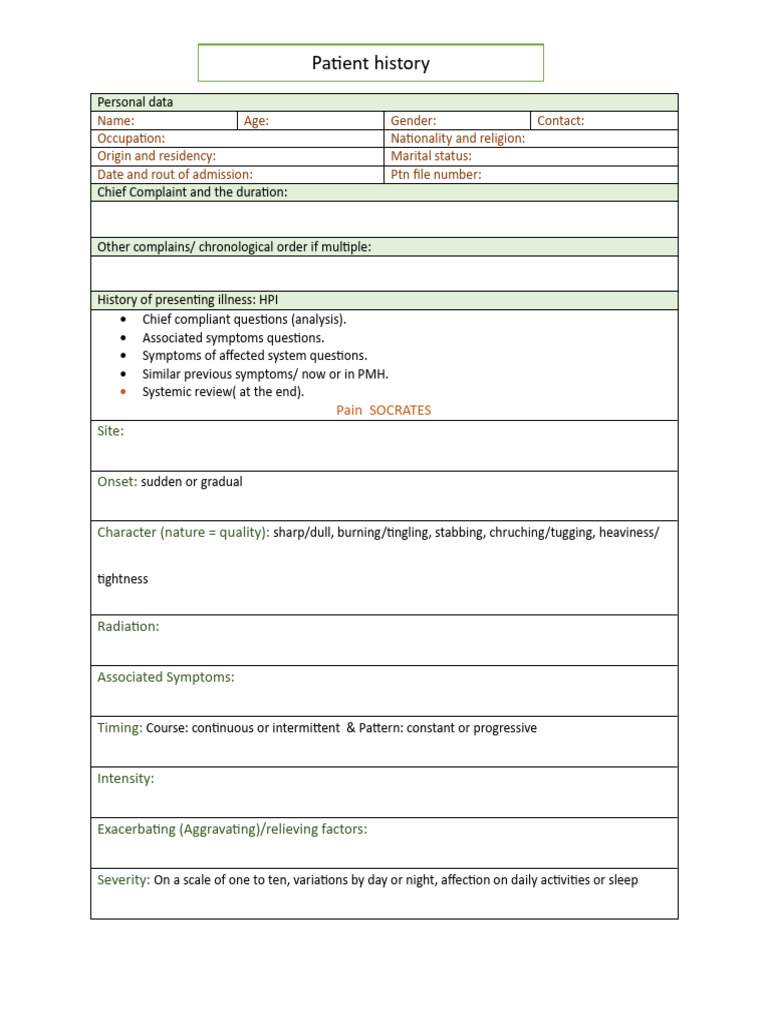 History Taking Checklist | PDF | Allergy | Pain