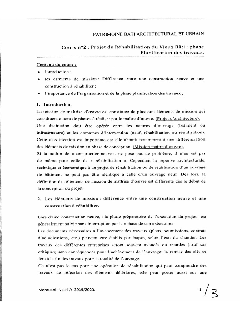 Cours 2 - Projet de Réhabilitation Du Vieux Bâti - Planification Des Travaux.-20210105221504 | PDF