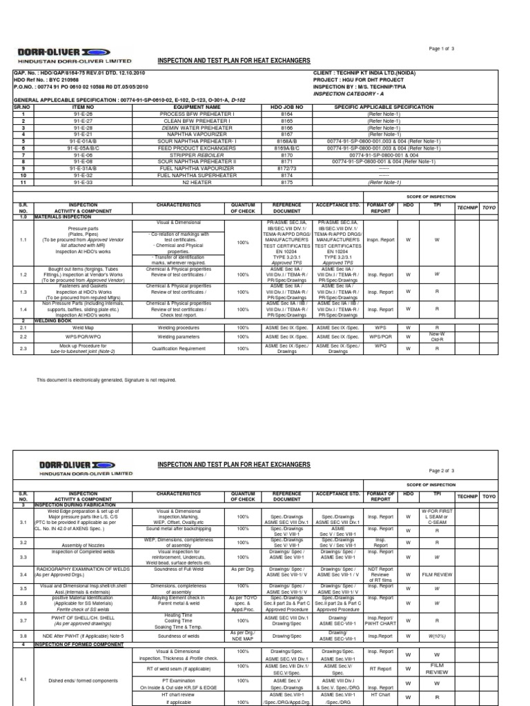 QAP Sample for Heat Exchanger Inspection | PDF | Technology & Engineering