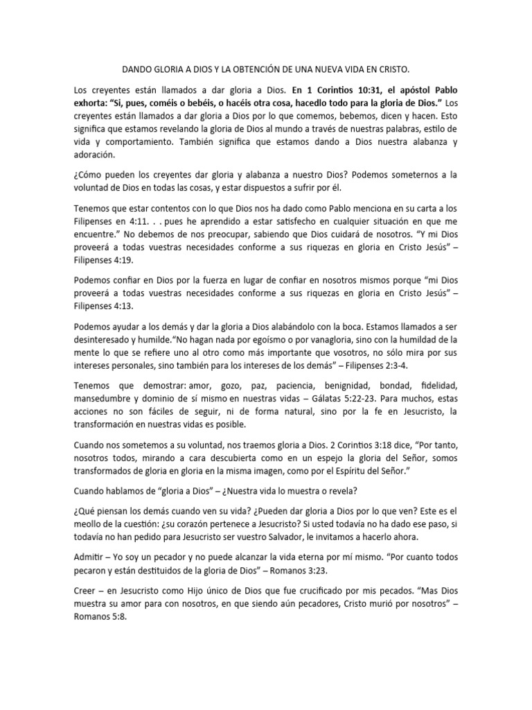 Dando Gloria A Dios y La Obtención de Una Nueva Vida en Cristo | PDF ...