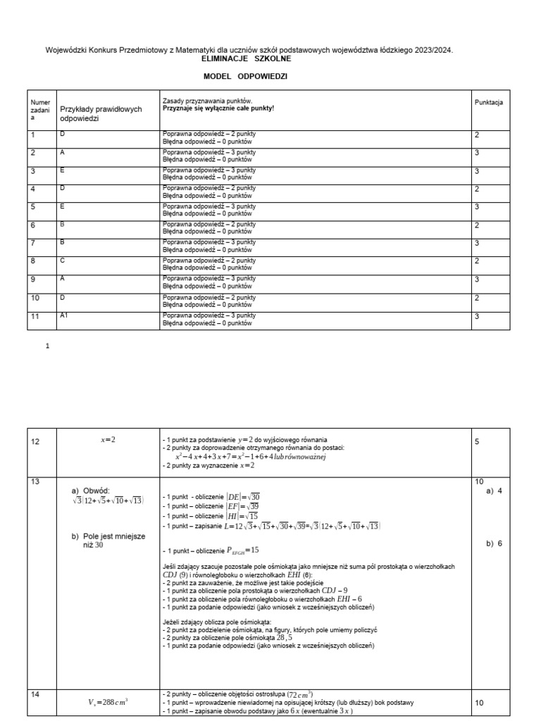 Schemat Oceniania Etap Szkolny Wojewodzki Konkurs Przedmiotowy Z Matematyki 2023 2024 | PDF