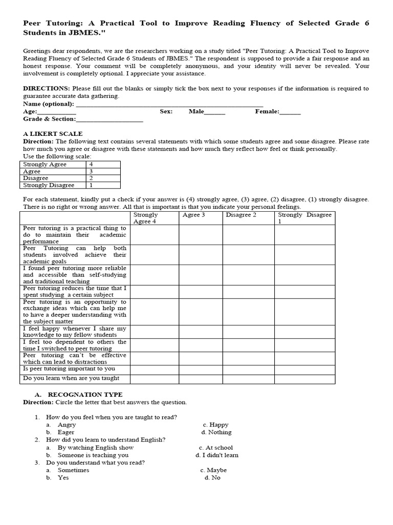 Peer Tutoring Survey Questionnaire Download Free Pdf Behavior Modification Cognitive Science