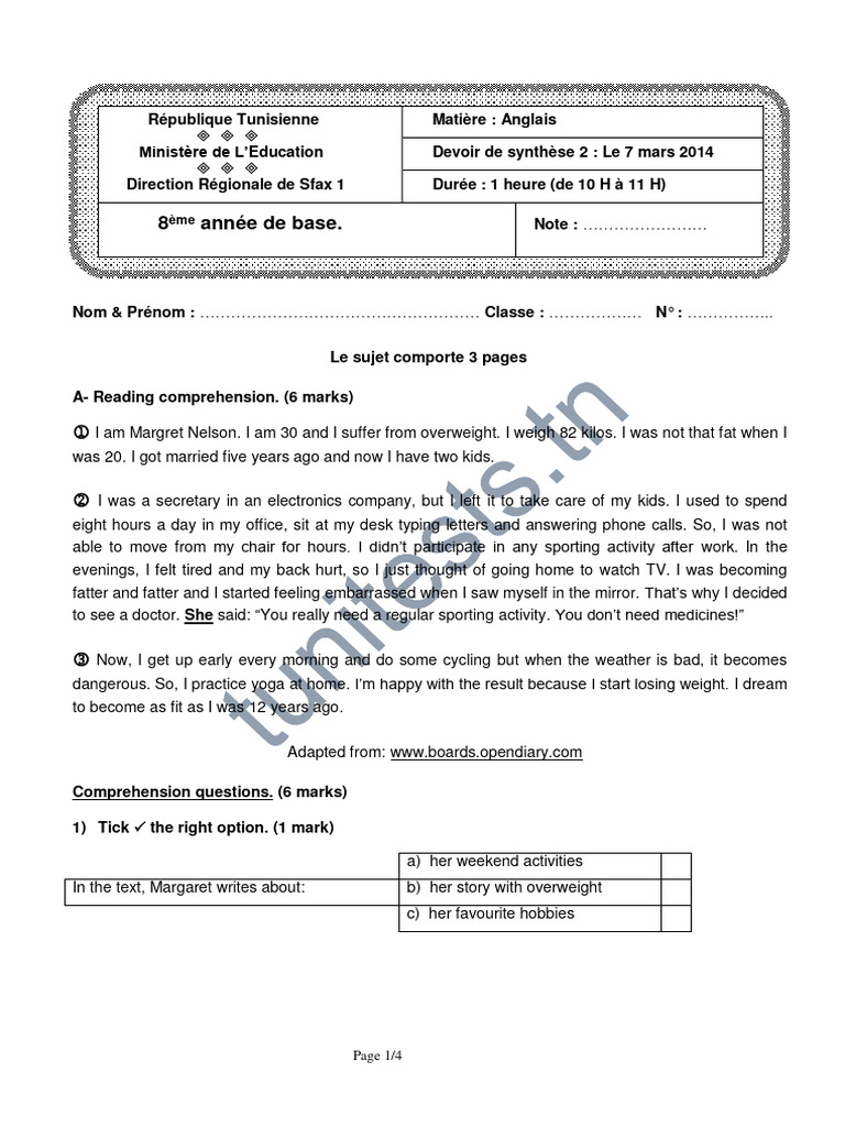 Devoir de Synthese N2-8eme Annee de Base-Anglais | PDF