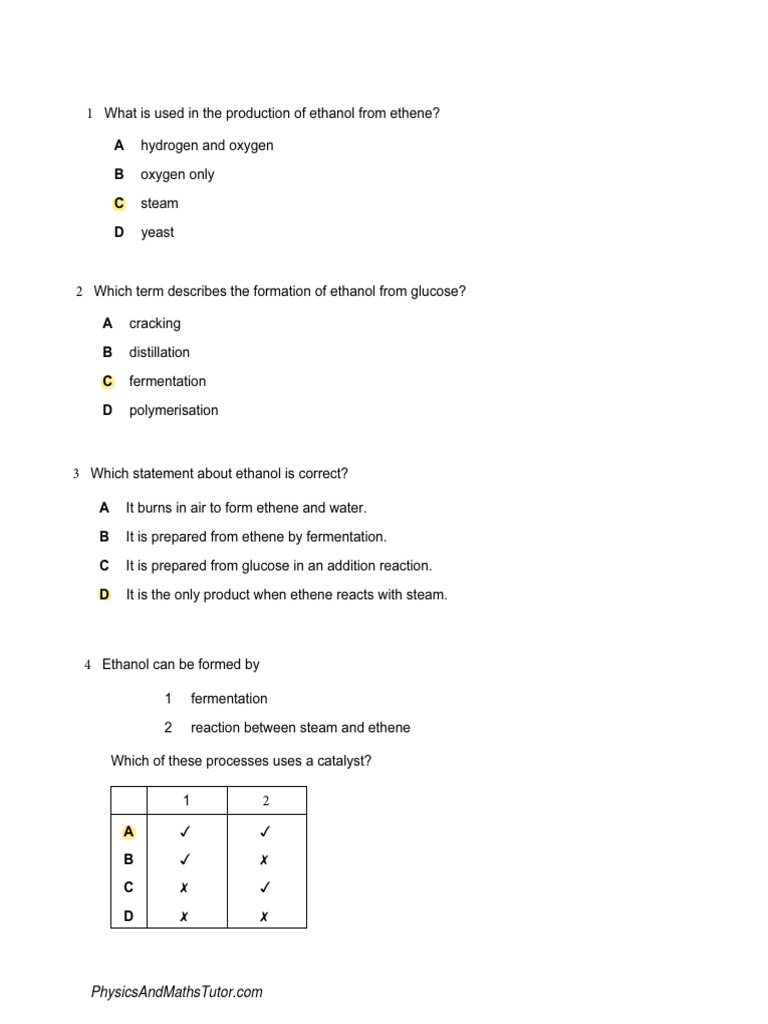Alcohols (Multiple Choice) QP With ANSWERS New | PDF | Ethanol ...