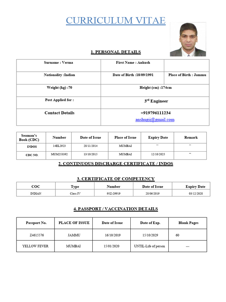 3rd Engineer ANKUSH VERMA CV.-1222-1 | PDF | Shipping | Transport