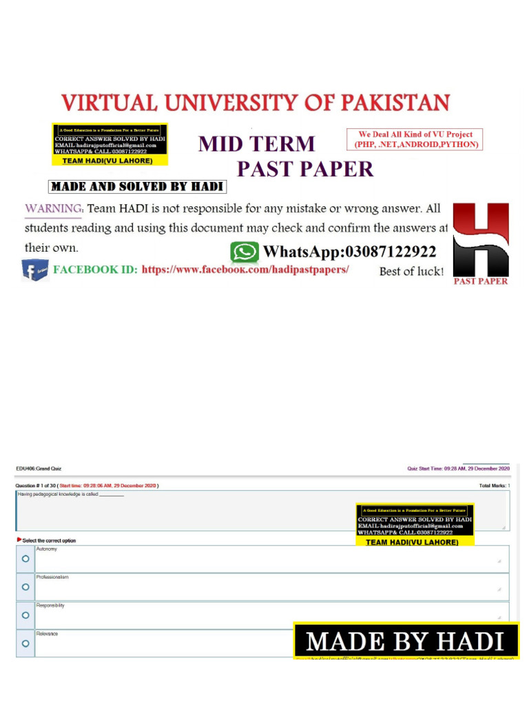 Edu406 Midterm File 1 Solved by Team Hadi Download | PDF