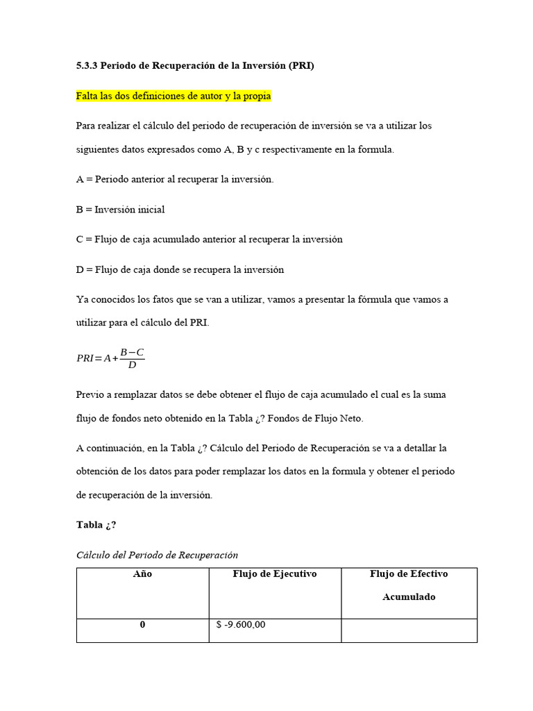 5.3.3 Periodo de Recuperación de La Inversión (PRI) | PDF | Flujo de ...