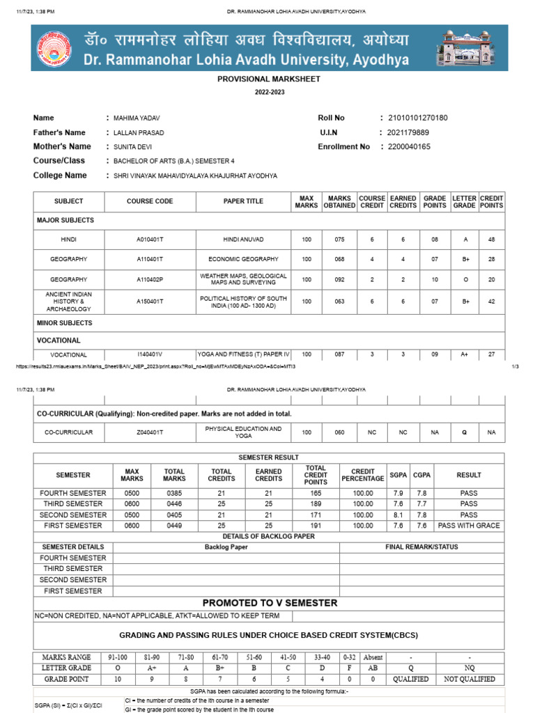 Dr. Rammanohar Lohia Avadh University, Ayodhya | PDF | Course Credit