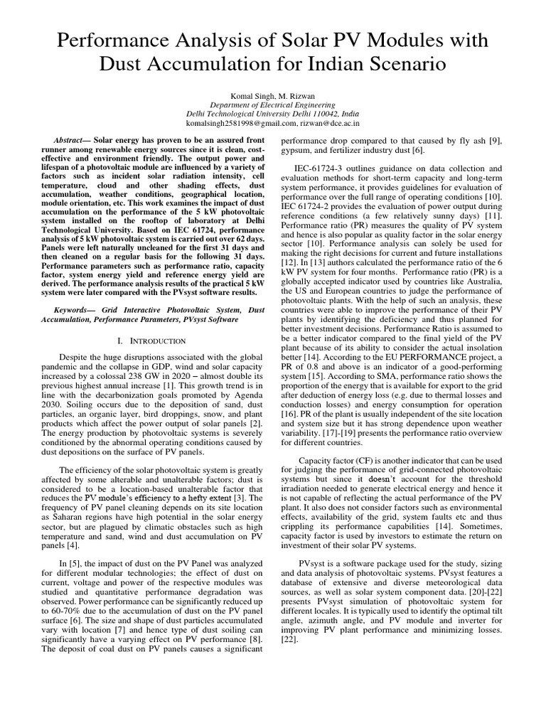 Performance Analysis Of Solar Pv Modules With Dust Accumulation For Indian Scenario Pdf