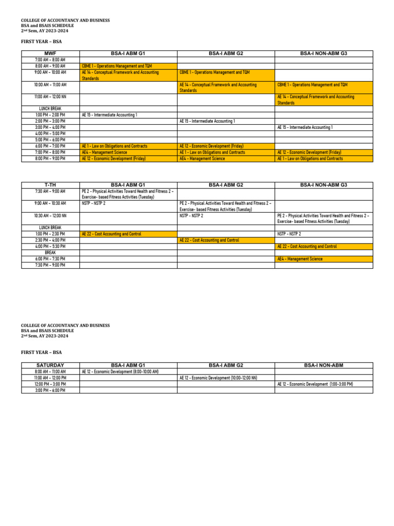 BSA and BSAIS 2nd Sem 2023 2024 Schedule | PDF | Business | Economies
