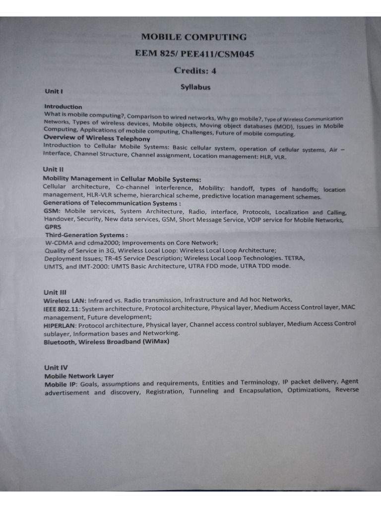 EEM815 - MobileComputing Syllabus | Download Free PDF | Computer Network | Wireless Lan