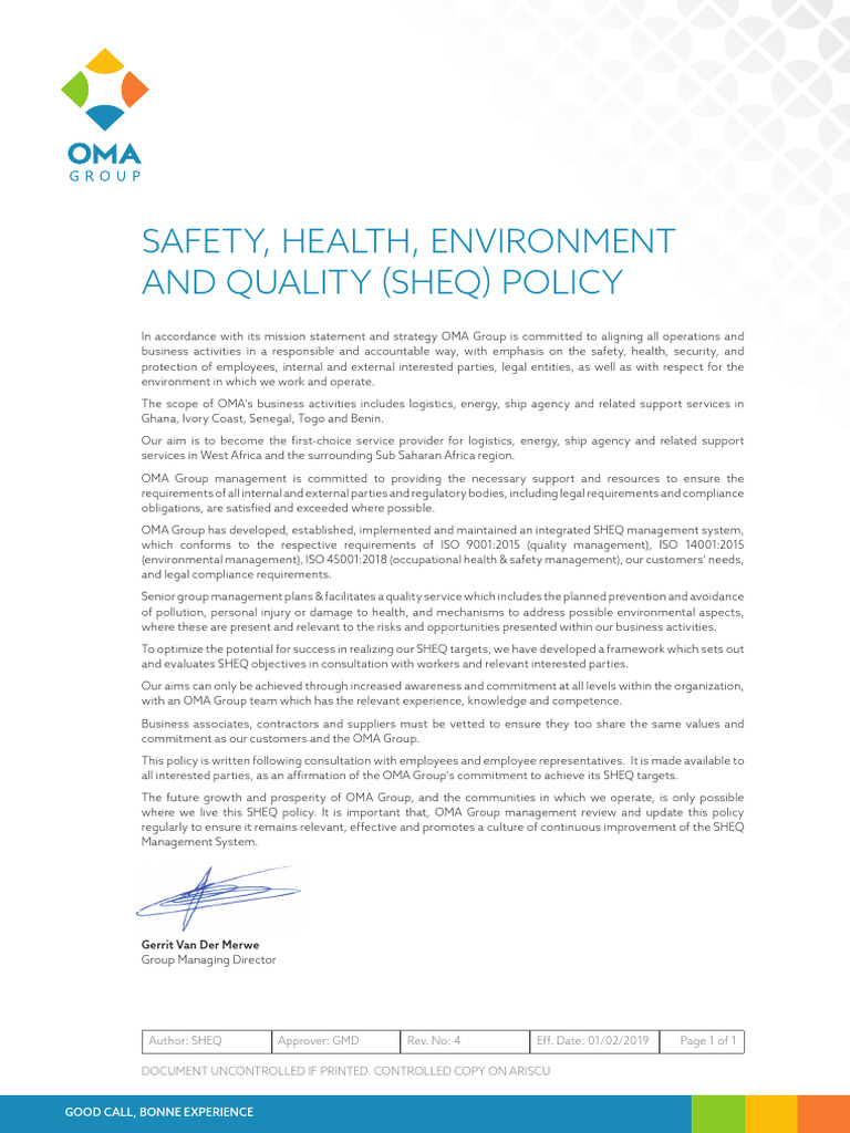 OMA Group SHEQ Policy Feb19 | Download Free PDF | Regulatory Compliance ...