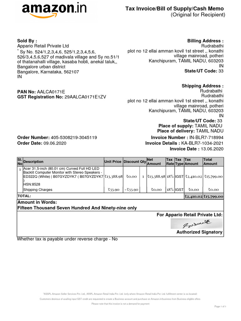 Acer Monitor Invoice | PDF | Invoice | Market (Economics)