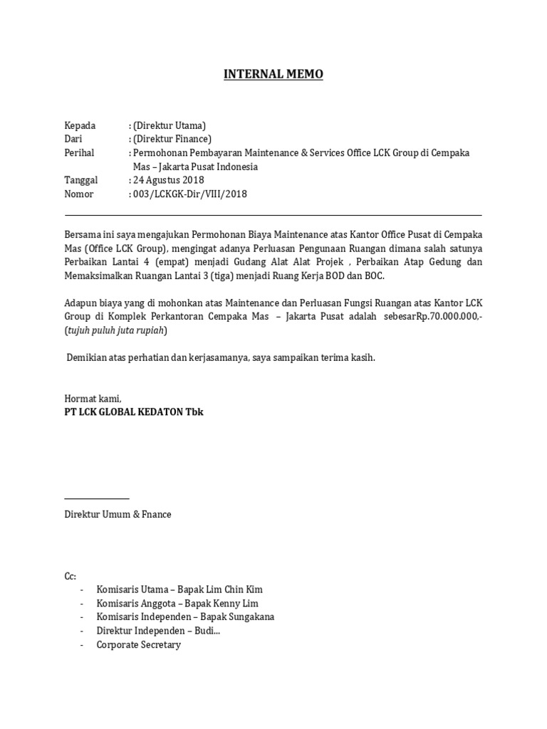 Permohonan Biaya Maintenance Kantor LCK | PDF