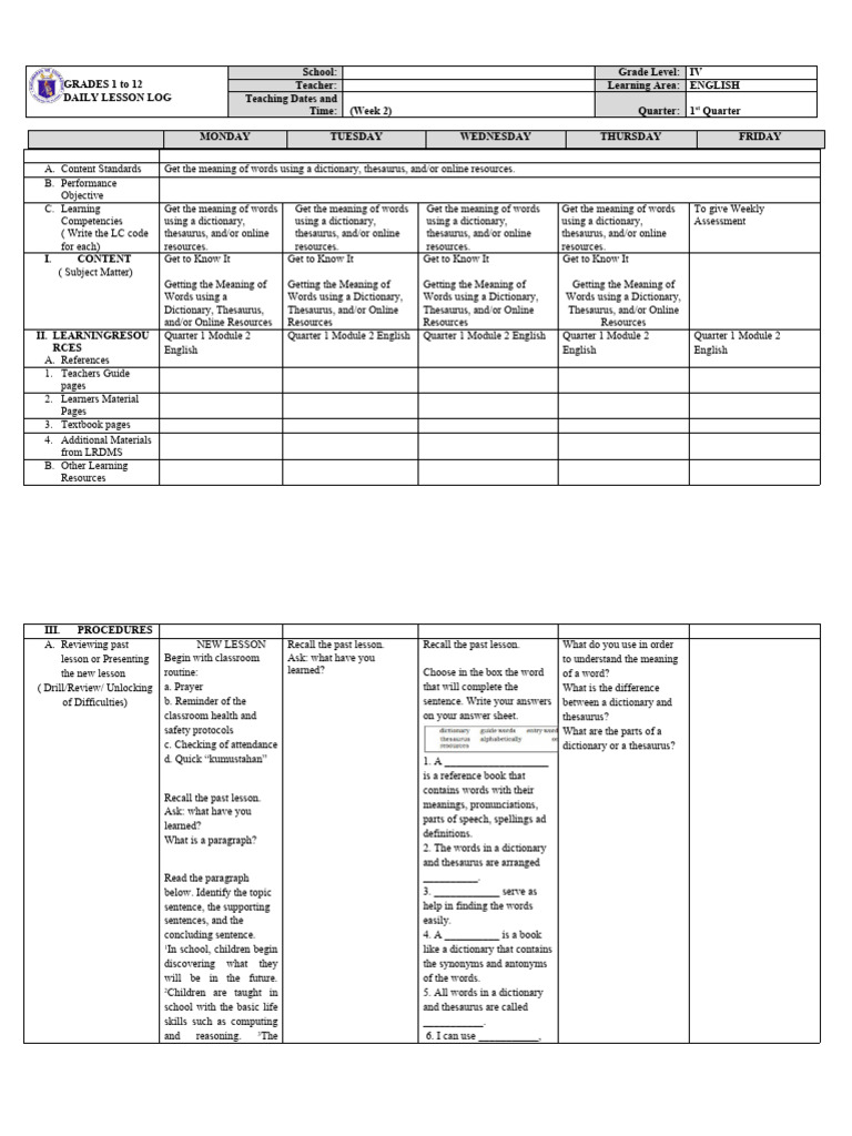 DLL Week 2 Eng | PDF | Dictionary | Word