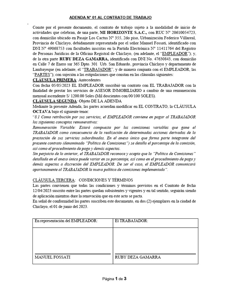 FORMATO - Adenda Al Contrato de Trabajo-RUBY DEZA | PDF | Derecho privado
