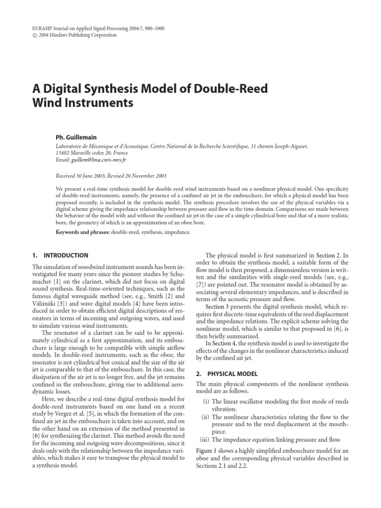 A Digital Synthesis Model of Double-Reed Wind Instruments | PDF ...