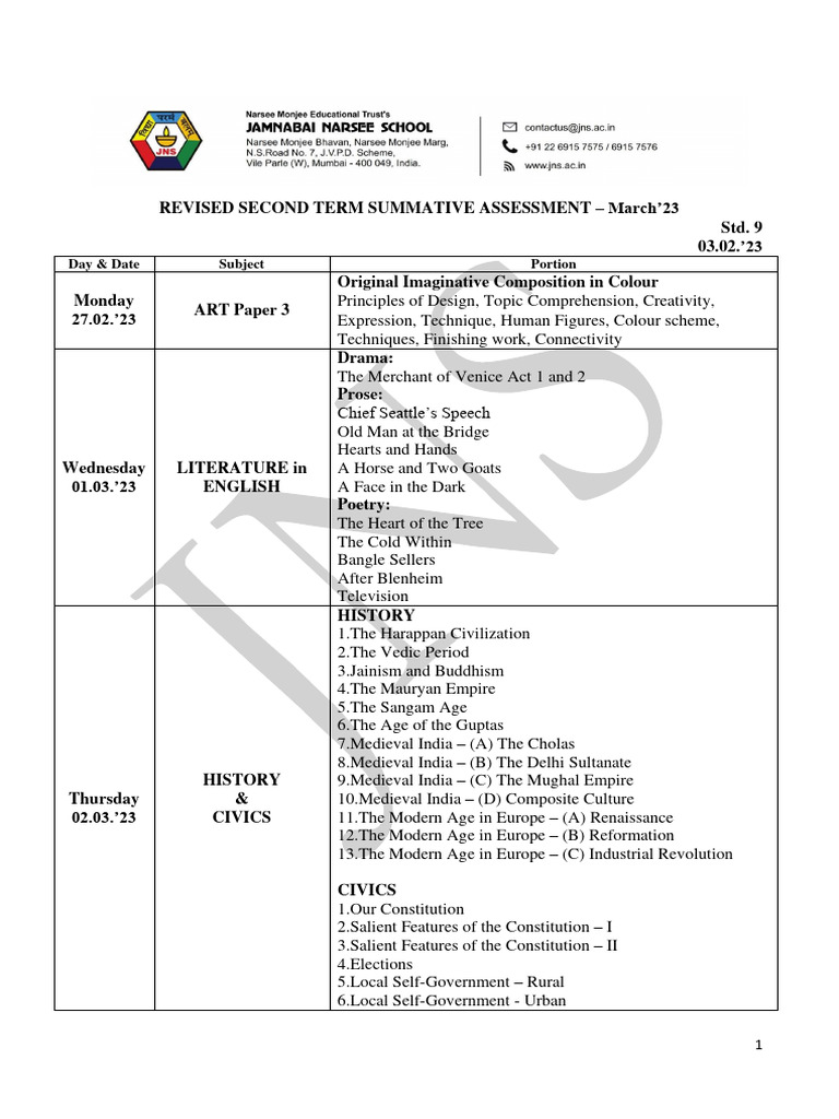 JH EcampusUpload PortionPaper Revised Second Term SA Timetable and Portion STD 9 March 23 | PDF ...