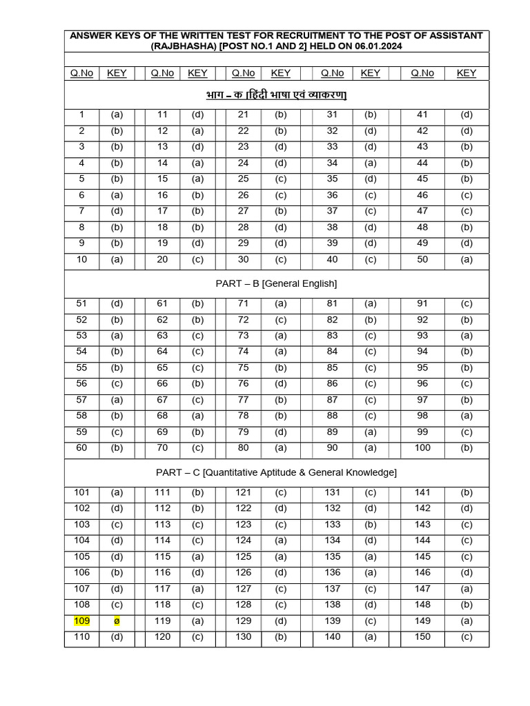 Answer Keys Asst Rajbhasha | PDF | Intelligence | Cognition