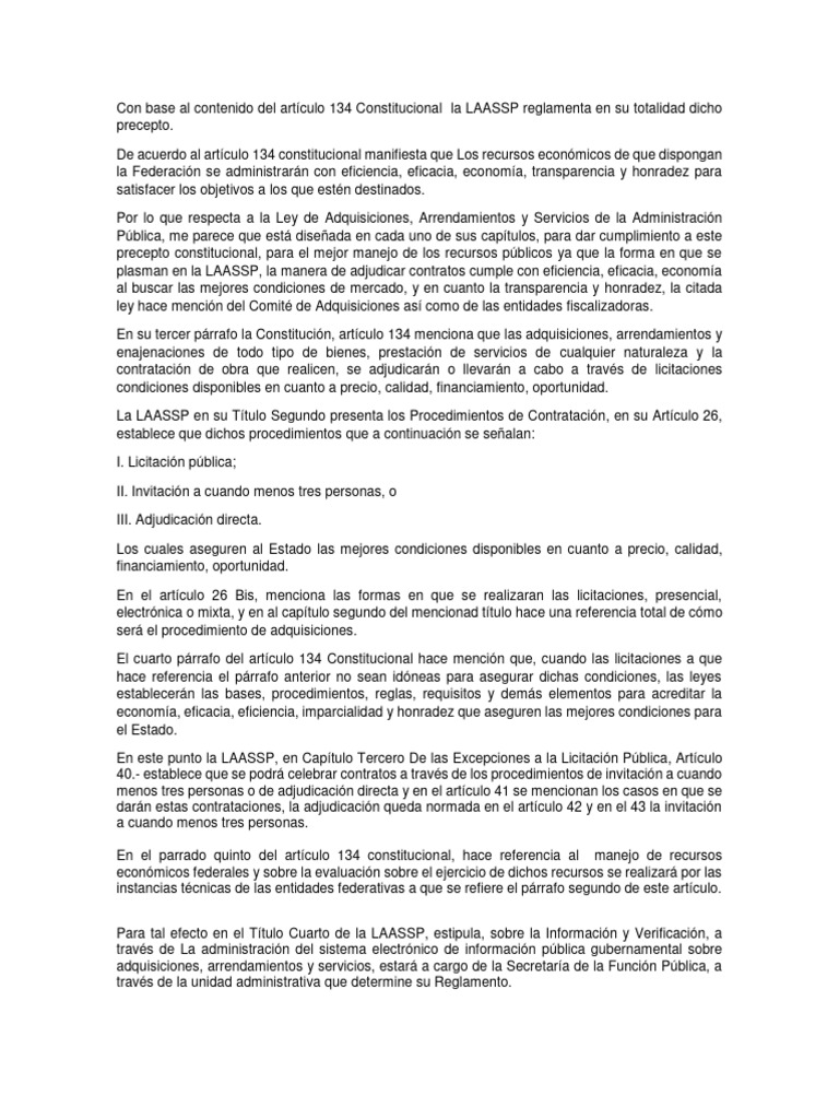 Artículo 134 Ley de Adquisiciones | PDF | Administración Pública | Federación