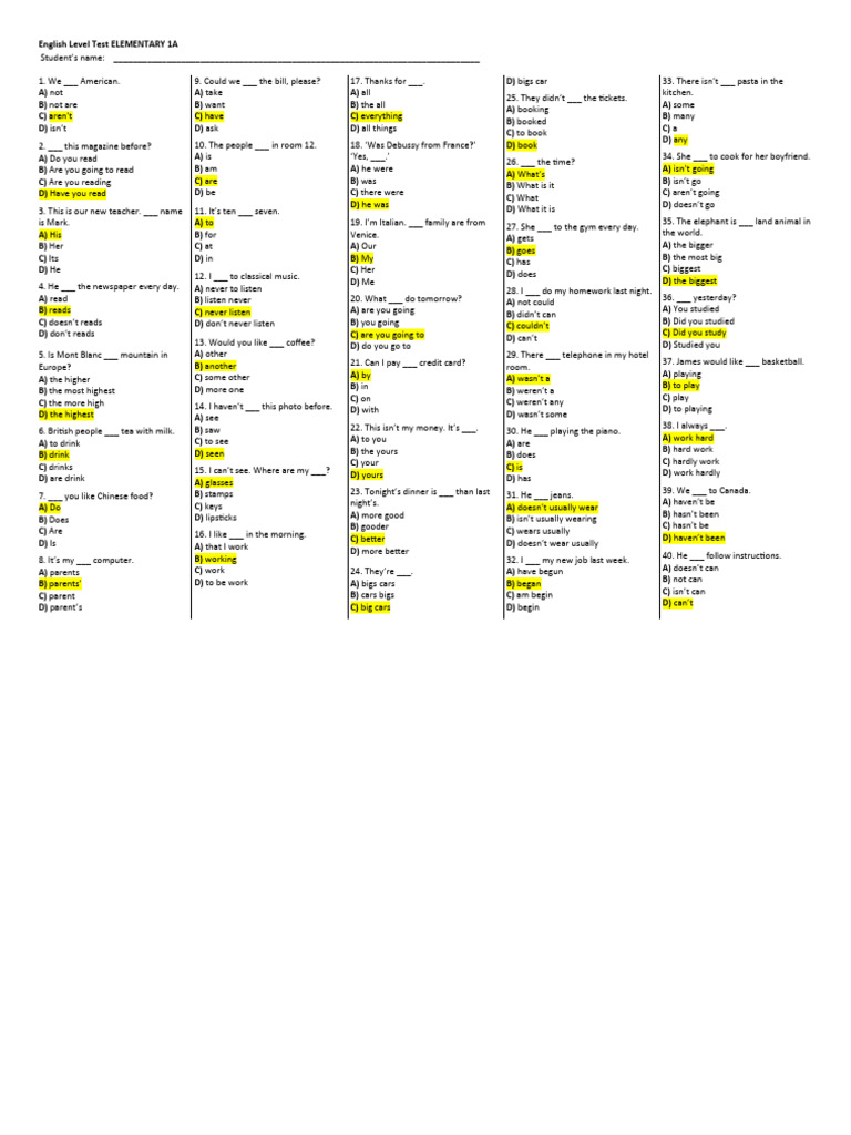 Elementary English Level Test 1A | PDF