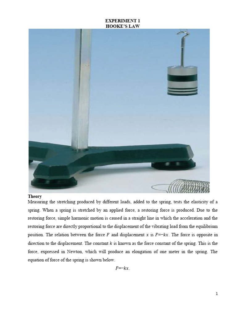 Experiment 1 (Hookes' Law) | PDF