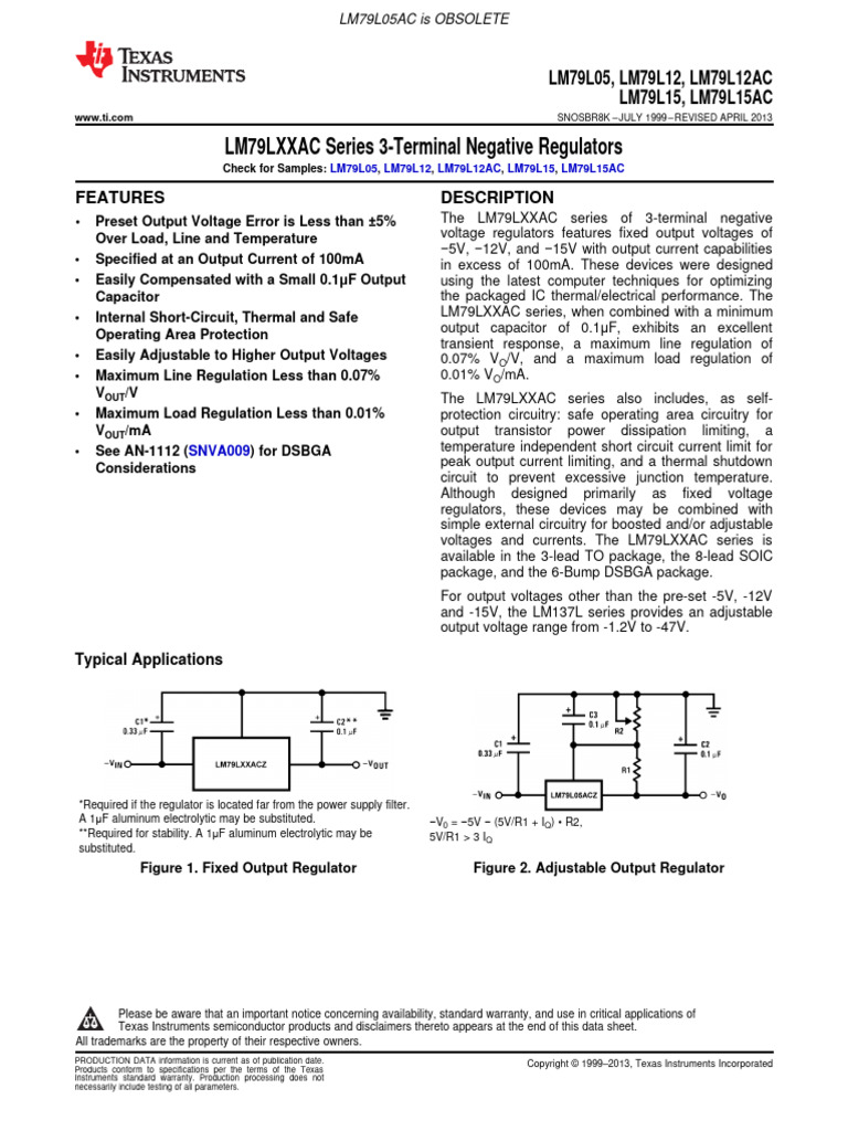 LM79LXXAC Series 3-Terminal Negative Regulators: Features Description | PDF | Electronic ...