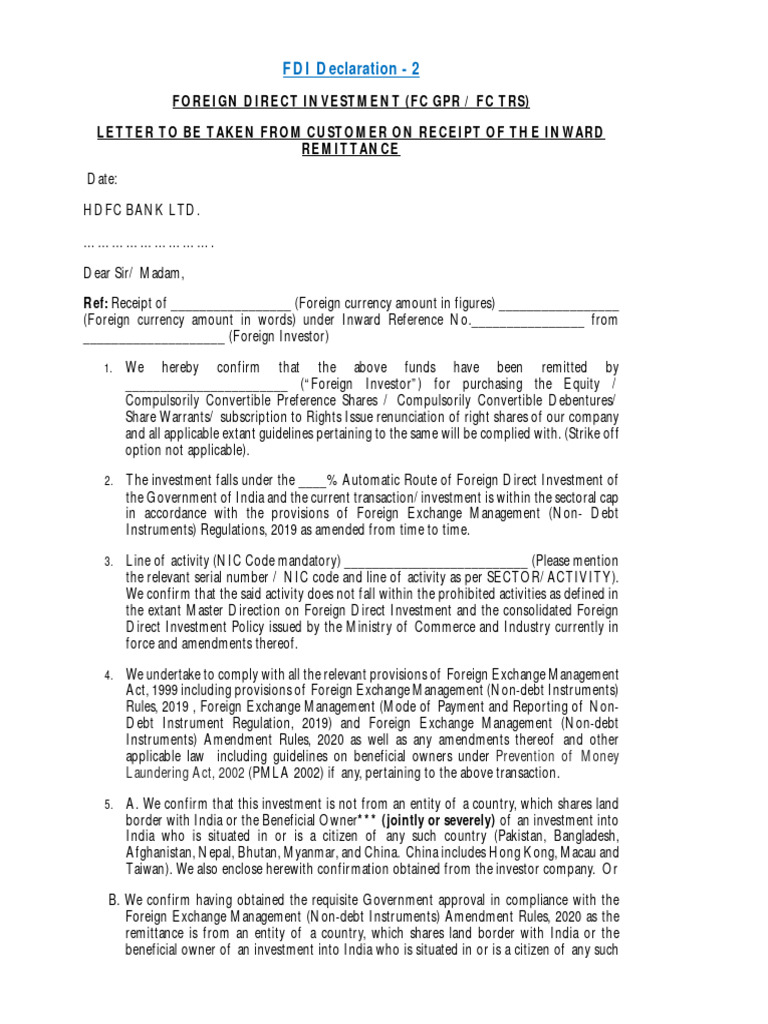 FDI Declaration - 2 | PDF | Foreign Direct Investment | Foreign ...